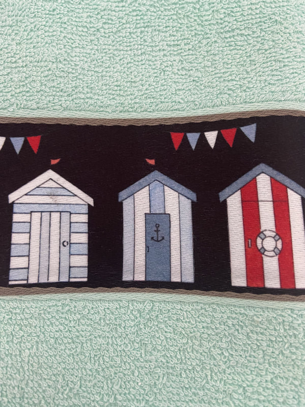 beach huts, aqua green, aqua blue, kitchen towel, tea towel, latte tea ...