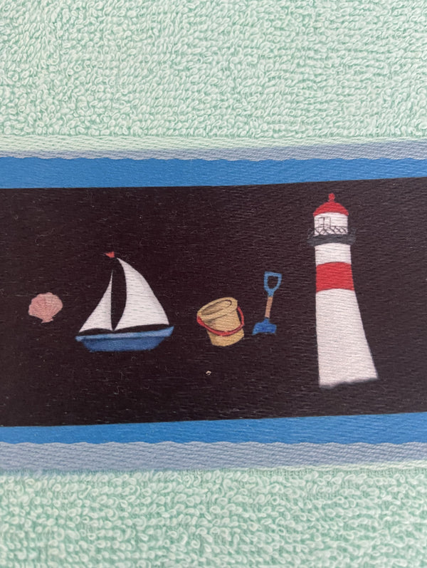 beach huts, aqua green, aqua blue, kitchen towel, tea towel, latte tea ...