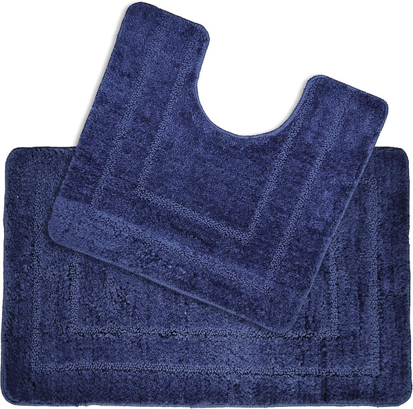 2 Piece Microfibre Border Design Bath & Pedestal Mat Set in Navy Blue ...